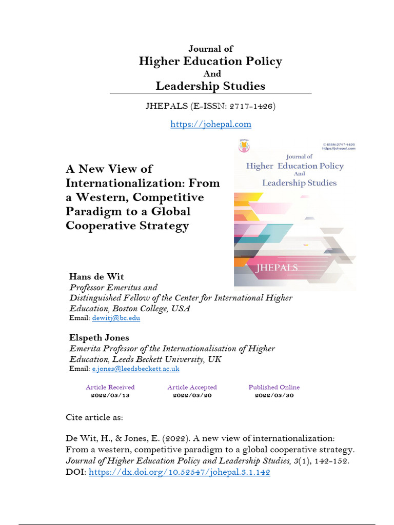 De WIT - JONES - 2022 - A New View of Internationalization | PDF | Internationalization