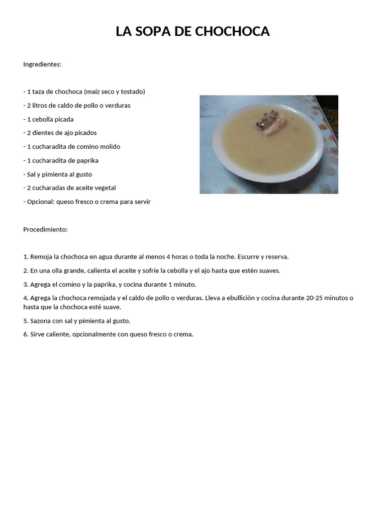 Receta de Sopa de Chochoca con Pollo | PDF
