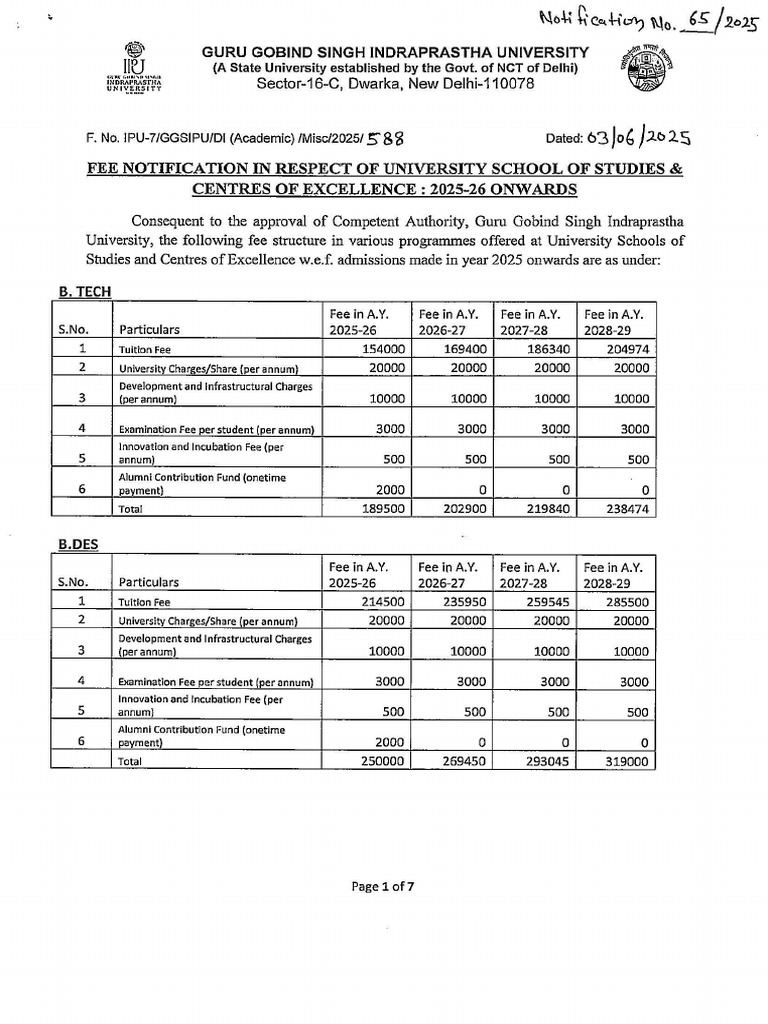 Ipu Delhi Fees Notification 2025-2026 Ownwards | PDF