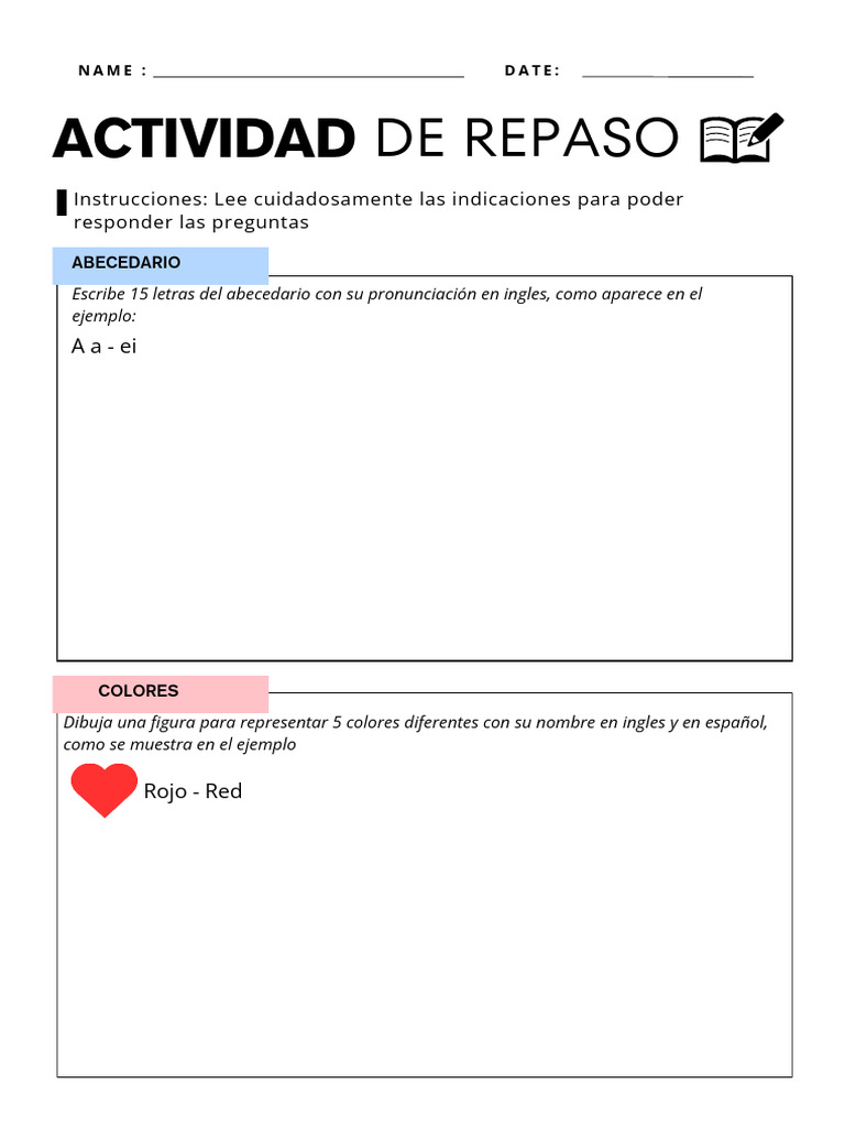 Actividad de Repaso: Abecedario y Colores | PDF