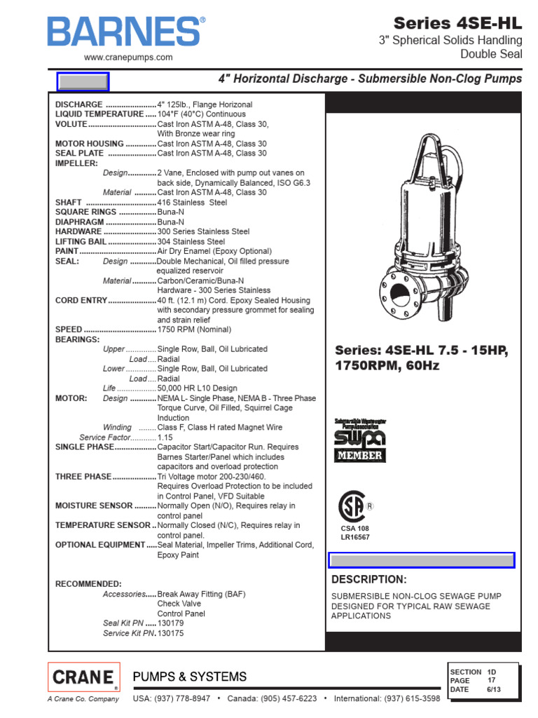 Barnes Submersible Solids Handling Sewage Pump Non Clog Series 4SE HL 3 ...