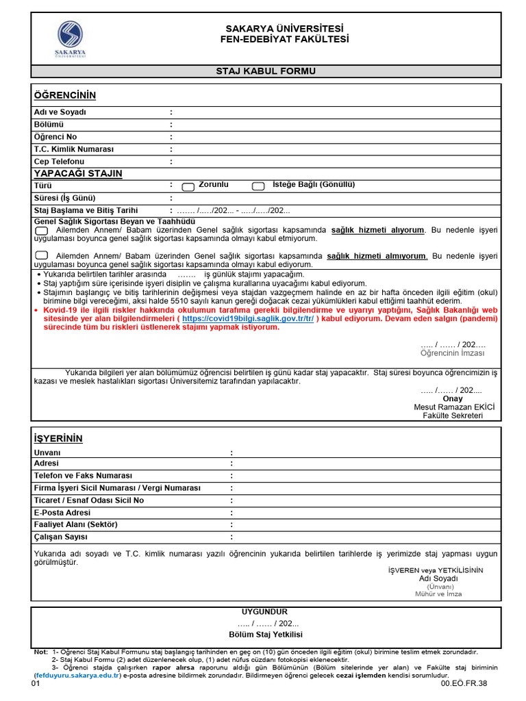 Sau - Fef - Staj Kabul Formu - Yeni-1 | PDF