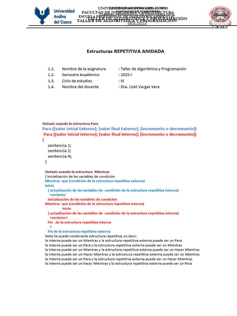 Guia #12 Estructura Repetitiva Anidada 2025-I | PDF | Programación de ...