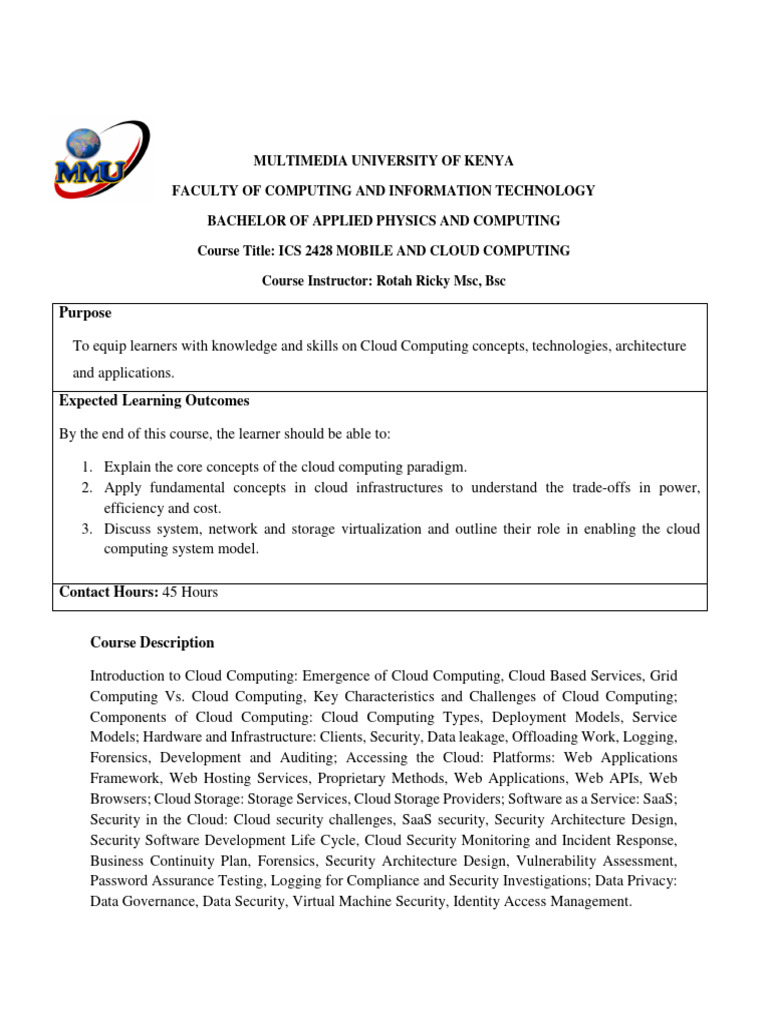 ICS 2428 MOBILE AND CLOUD COMPUTING COURSE OUTLINE Final | PDF | Cloud ...