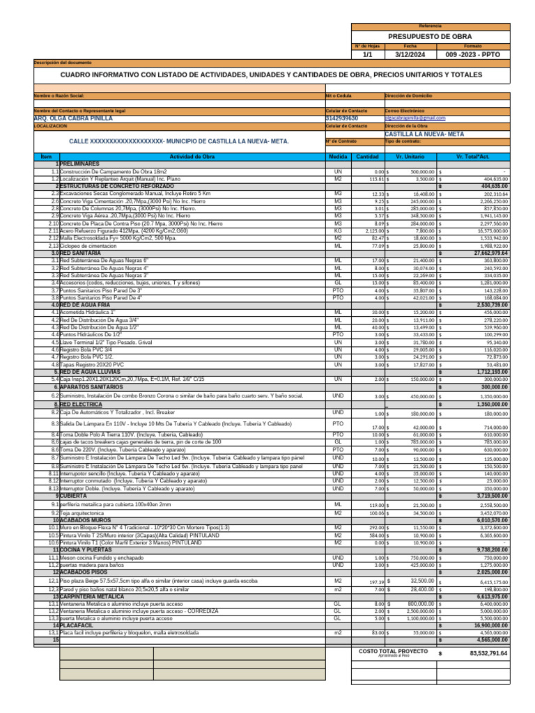 Viviana Presupuesto | PDF | Ingeniería de Edificación | Ingeniería mecánica