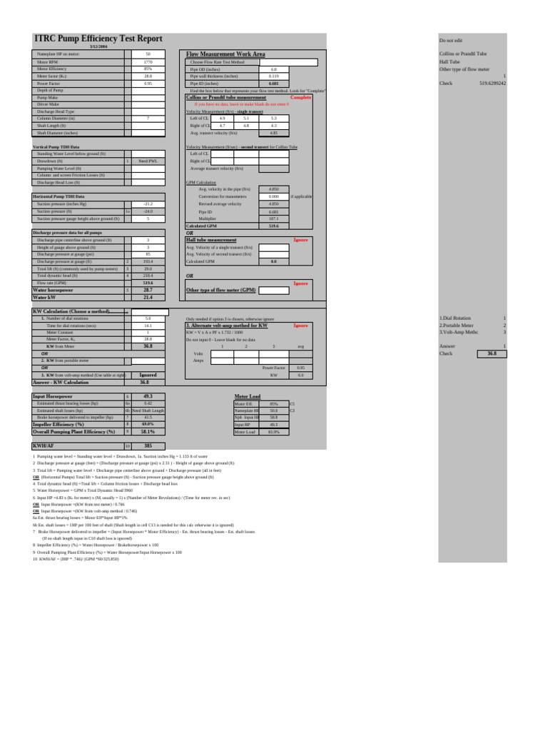 Pump Efficiency Test Results Summary | PDF | Horsepower | Pump