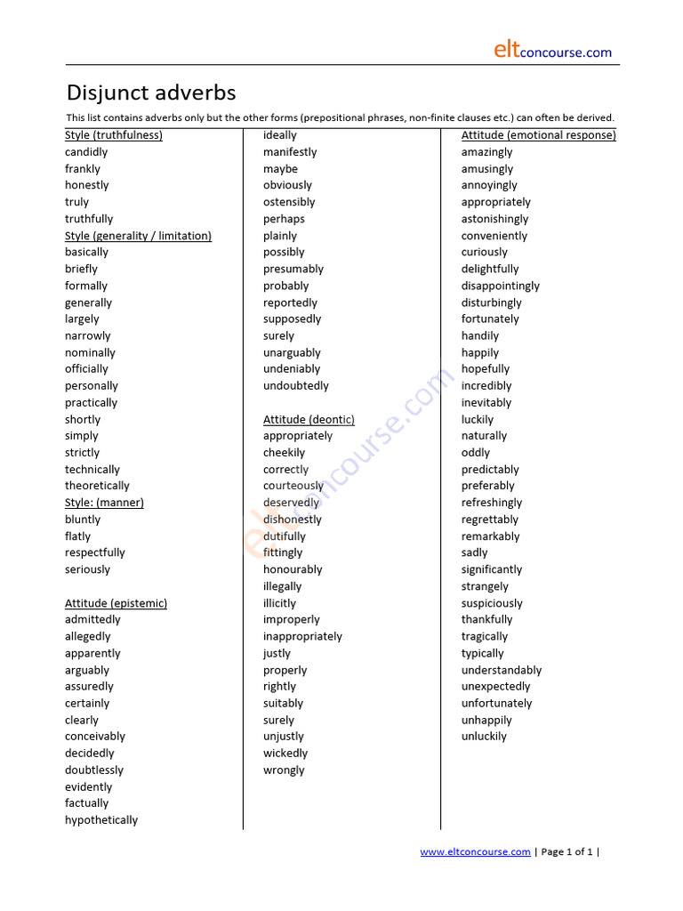 List of Disjunct Adverbs | PDF | Syntax | Semantic Units