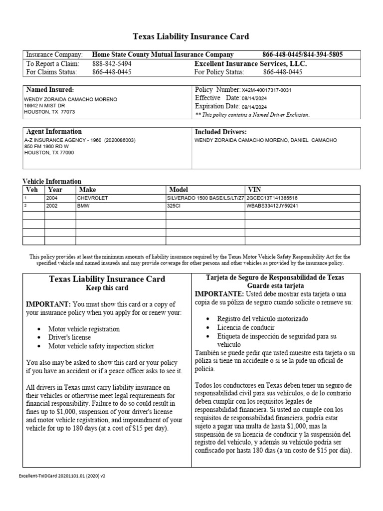 Texas Liability Insurance Card: Home State County Mutual Insurance ...