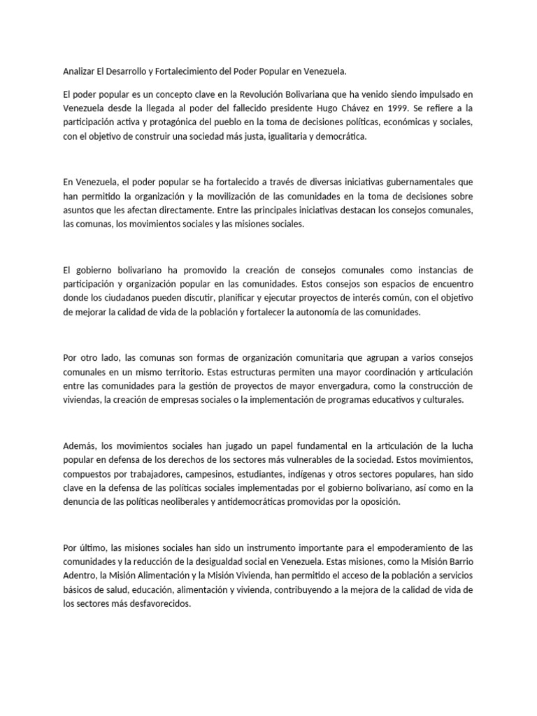 Analisisi Del Poder Popular en Venezuela | PDF | Venezuela | Democracia