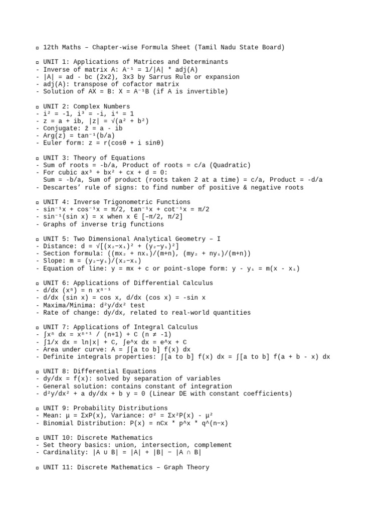 12th Maths Formula Sheet - Tamil Nadu | PDF | Differential Calculus ...