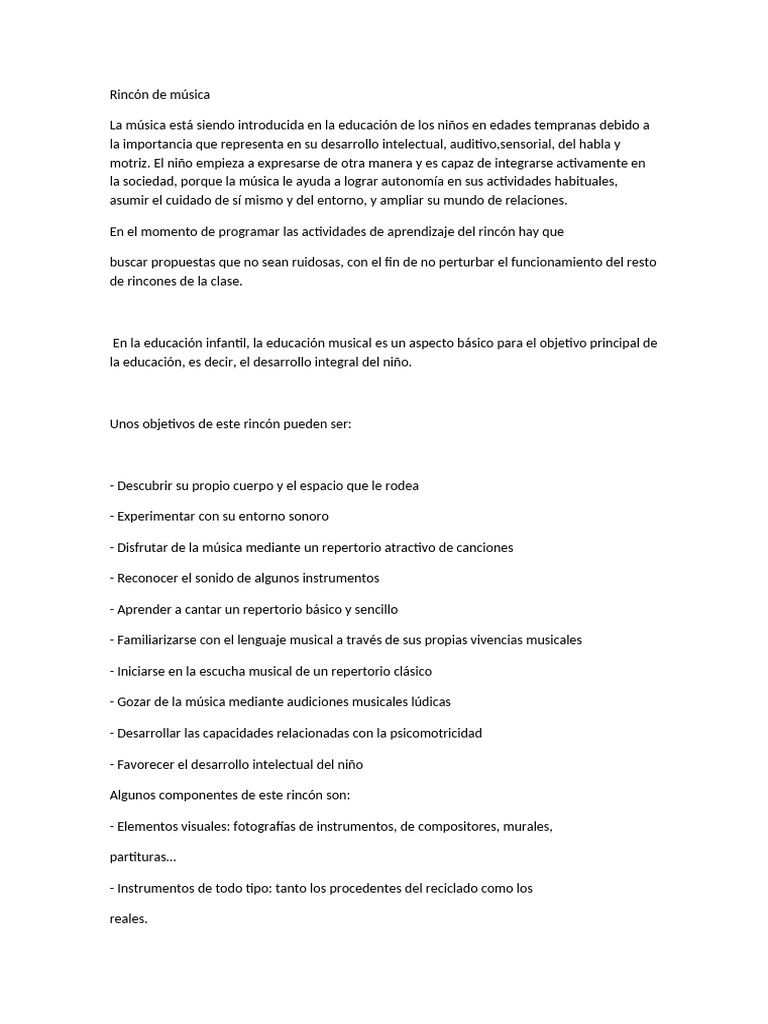 Rincón de Música en Educación Infantil | PDF | Canciones | Instrumentos ...