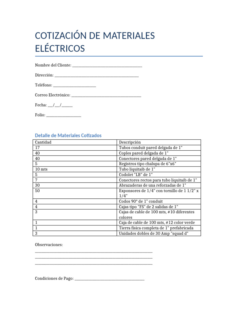 Cotizacion Materiales Electricos | PDF