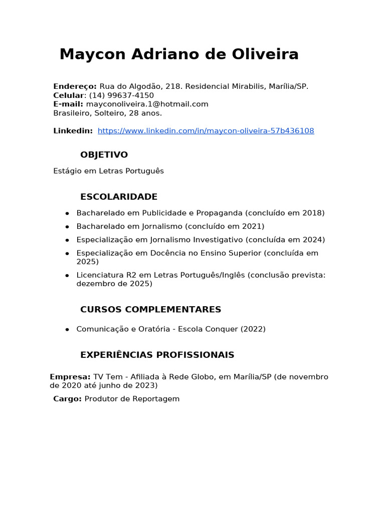 Currículo Maycon Oliveira - Estágio em Letras | PDF