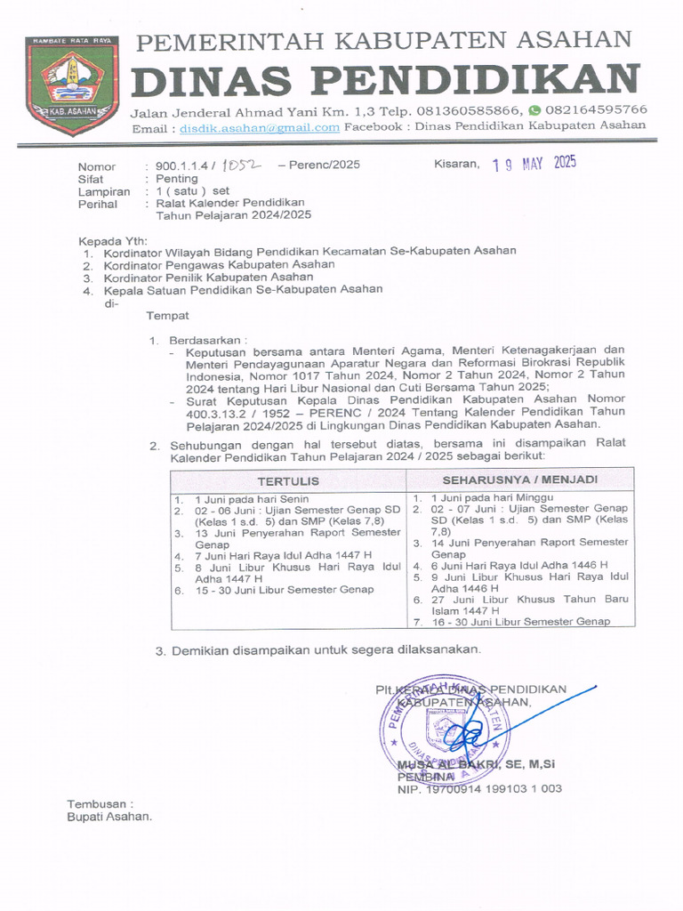 Surat Ralat Kalender Pendidikan TP. 2024-2025 | PDF
