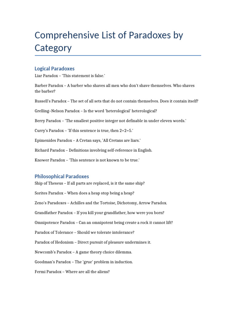 A to Z of Paradoxes Explained | PDF | Paradox