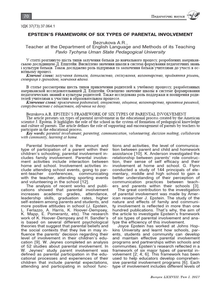 Epstein's Framework of Six Types of Parental Involvement | PDF | Pedagogy | Teaching