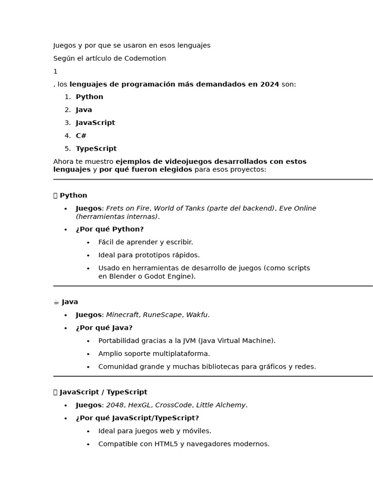 Juegos y Por Que Se Usaron en Esos Lenguajes | PDF | Java (lenguaje de programación) | Script Java