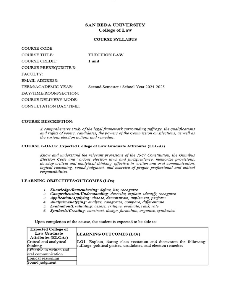 Election Law Course Syllabus 2024-2025 | PDF | Elections | Commission ...
