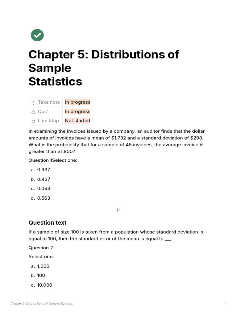 Quiz Thống Kê Topic 5 Sampling | PDF | Standard Error | Standard Deviation