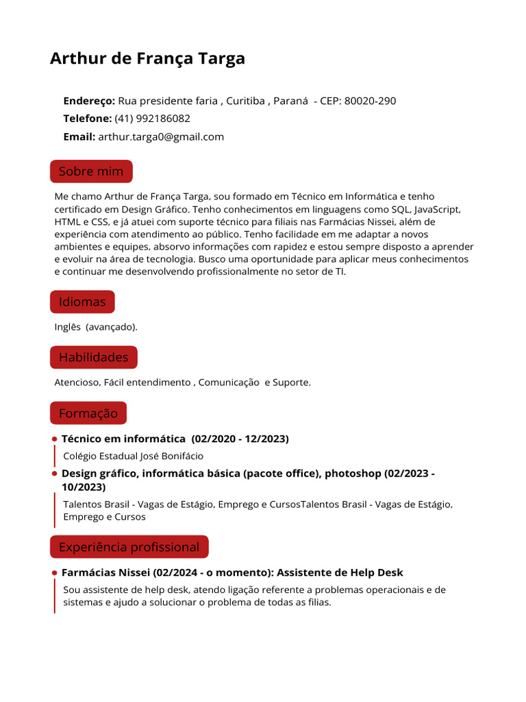 Currículo de Arthur Targa - TI e Design | PDF
