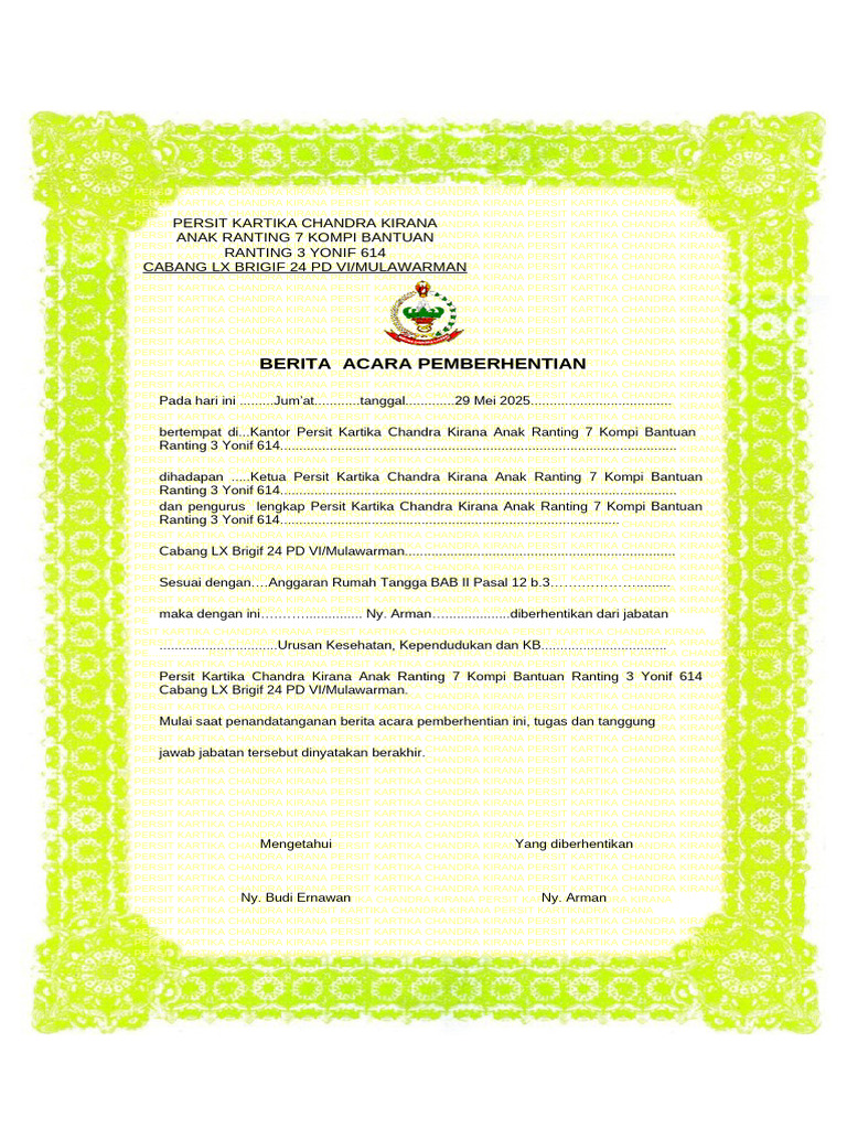BAST Format Pemberhentian Anak Ranting Persit | PDF