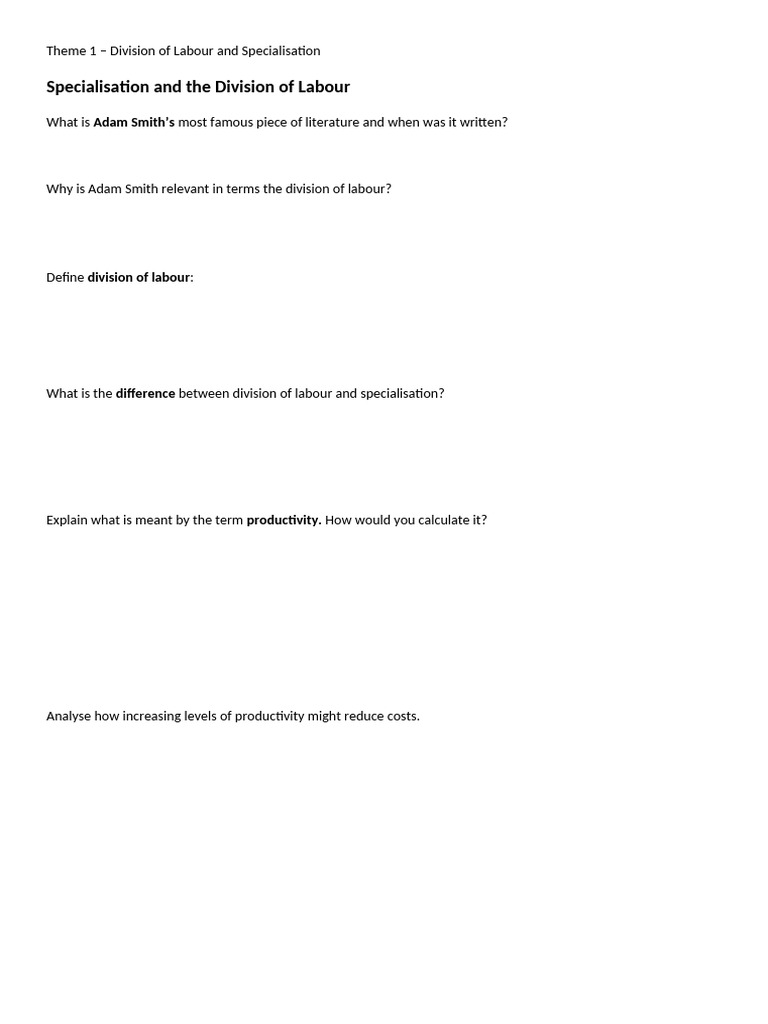 Specialisation and Division of Labour WORKSHEET | PDF