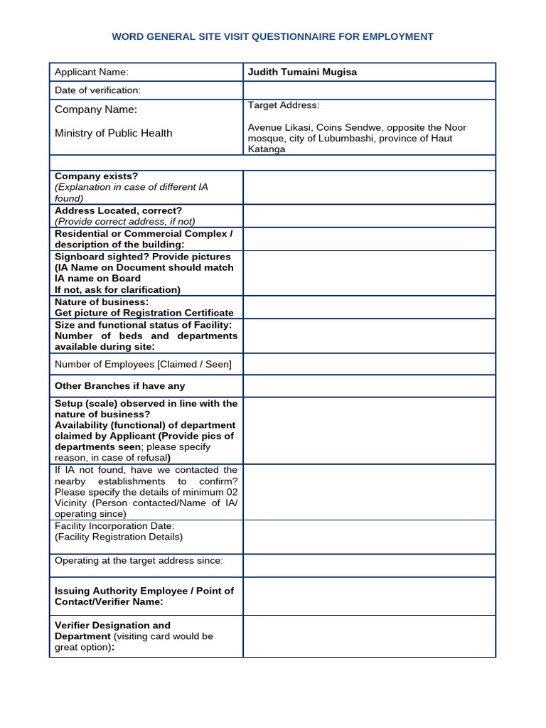 General Sitevisit Form For Employment Verification | PDF