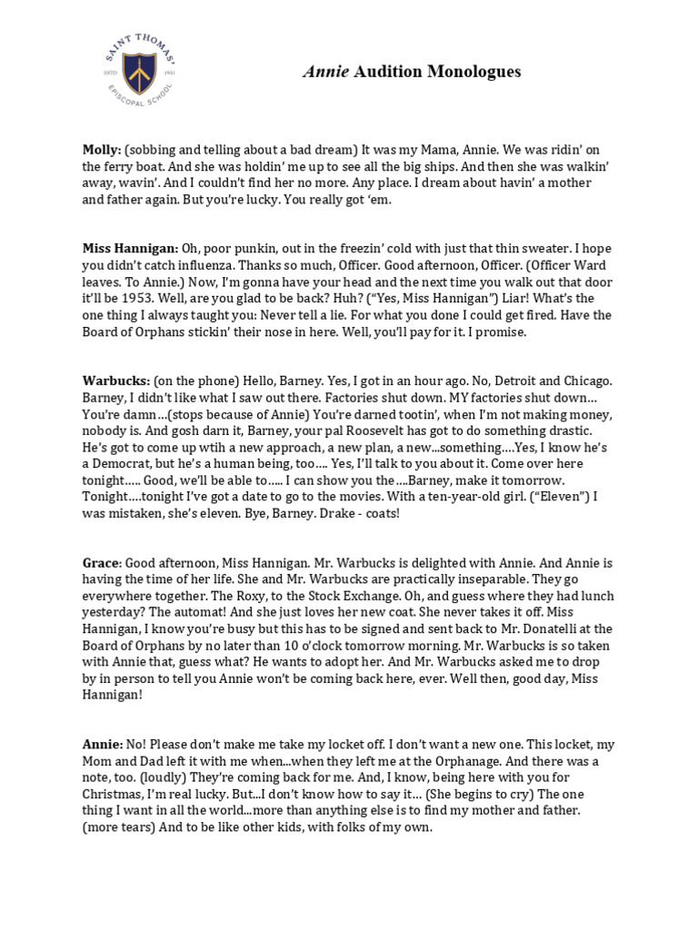 Annie Audition Monologues | PDF | Annie (Musical) | Musical Theatre Awards