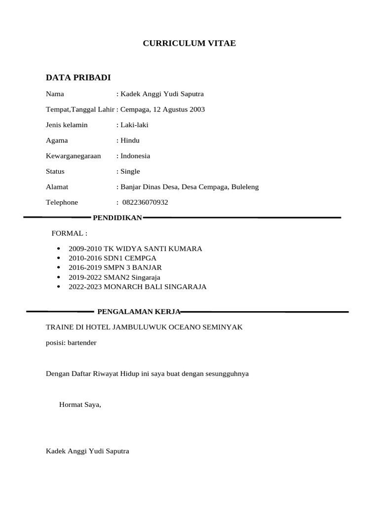 CV Dan Lamaran Kadek Anggi Yudi Saputra | PDF