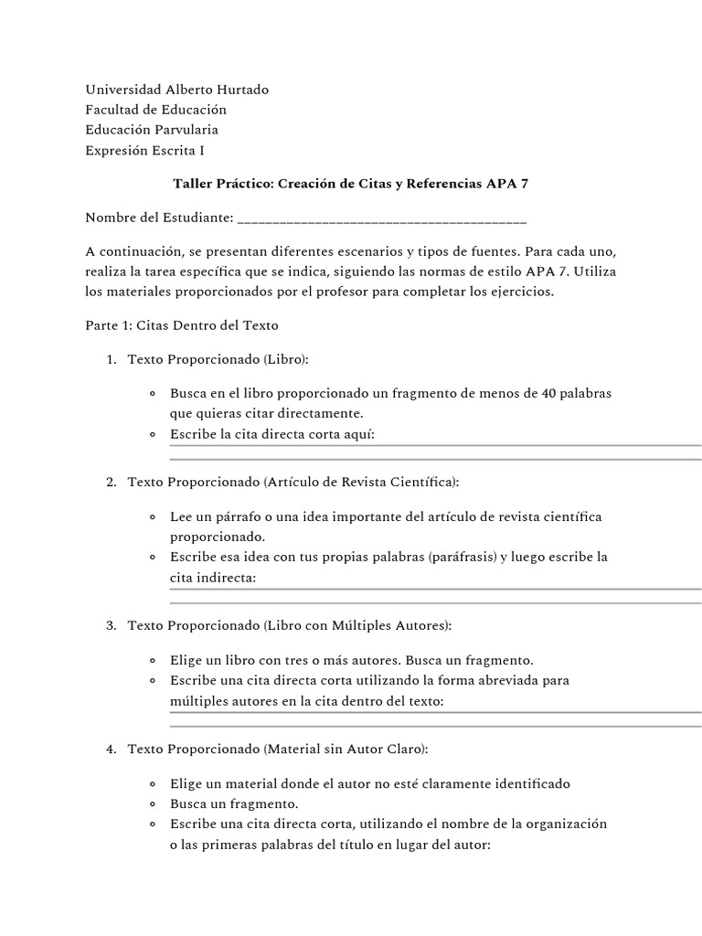Taller Pr Ctico Creaci n de Citas y Referencias APA 7 (1) | PDF | Estilo apa | Citación