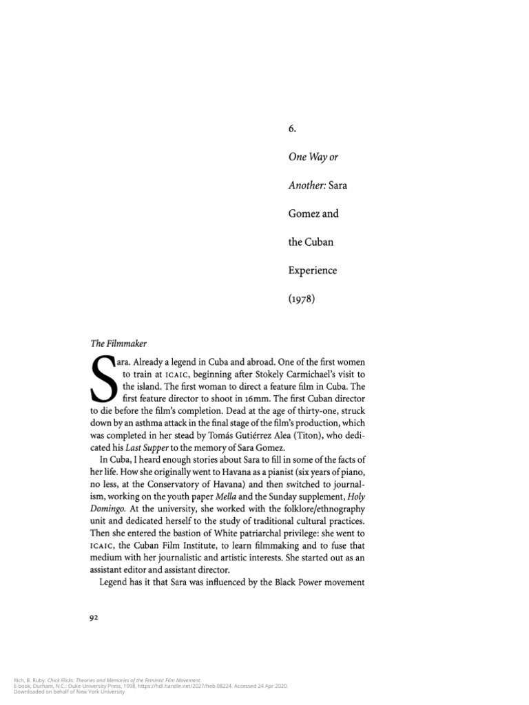 B. Ruby Rich - One Way or Another - Sara Gomez and The Cuban Experience ...