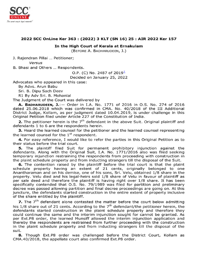 J Rajendra Pillai - Injunction Against Co-Owners | PDF