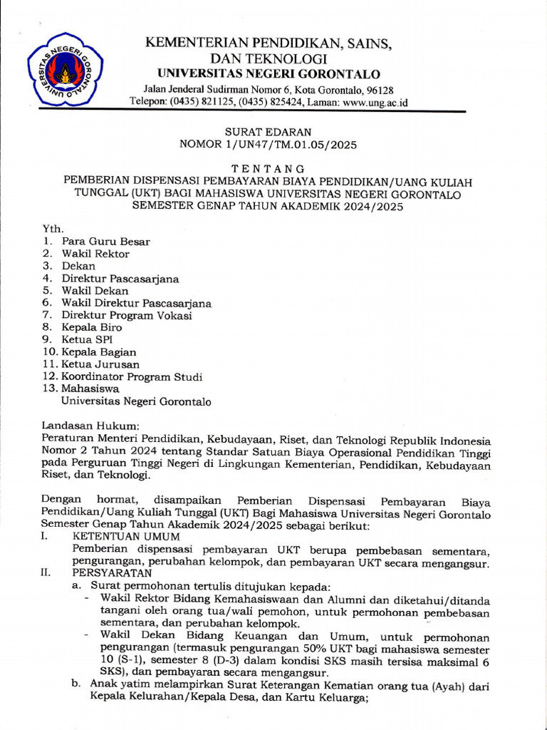 Surat Edaran Penurunan Ukt 2025 | PDF