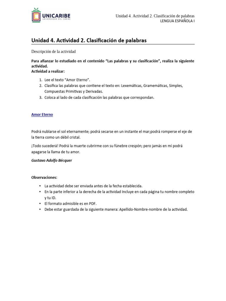 Unidad 4. Actividad 2. Clasificación de Palabras | PDF