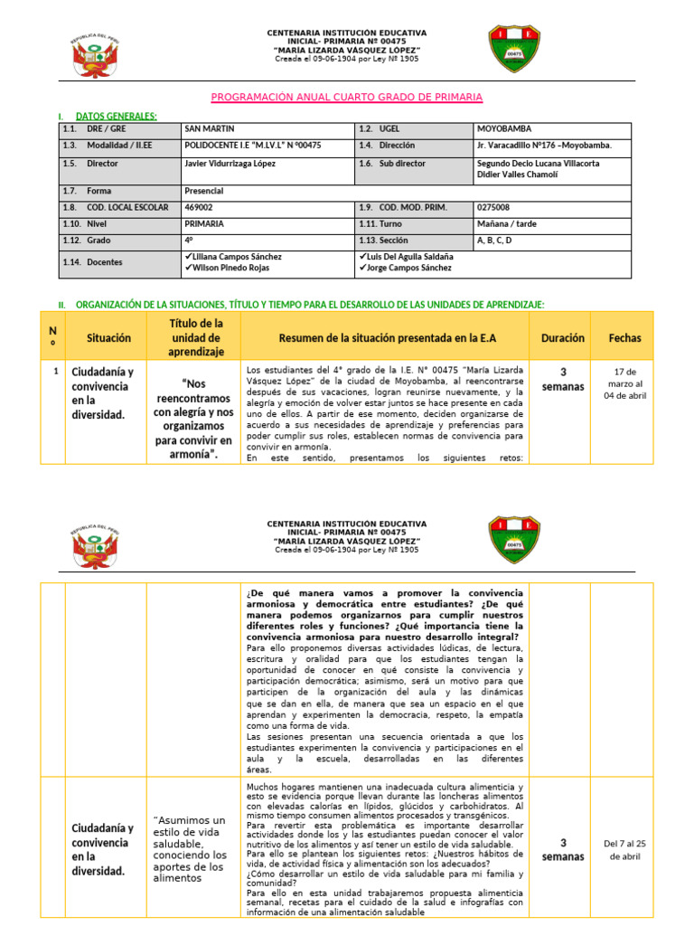 Programación Anual Cuarto Grado de Primaria (1) .Docx-Liliana | PDF | Residuos | Datos