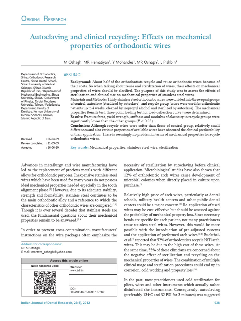 Effects of Autoclaving on Orthodontic Wires | PDF | Strength Of ...