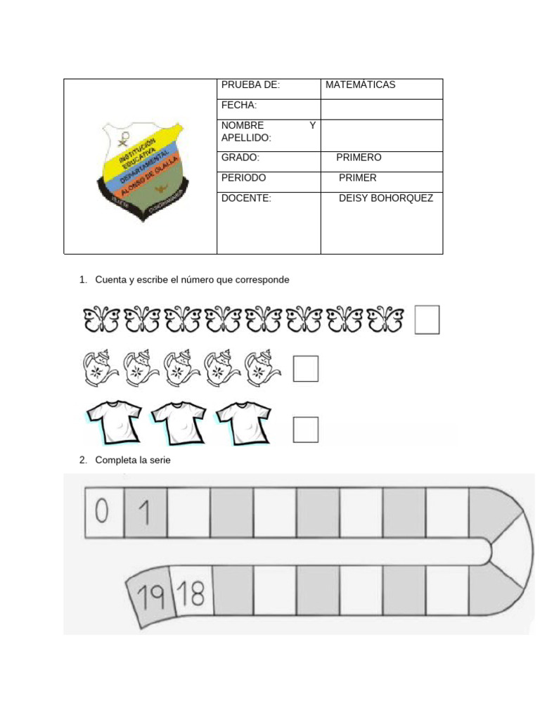 Examen de Matematicas Grado Primero Primer Periodo | PDF