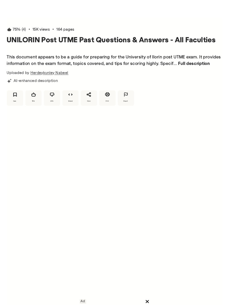 UNILORIN Post UTME Past Questions & Answers - All Faculties: 75% 15K ...