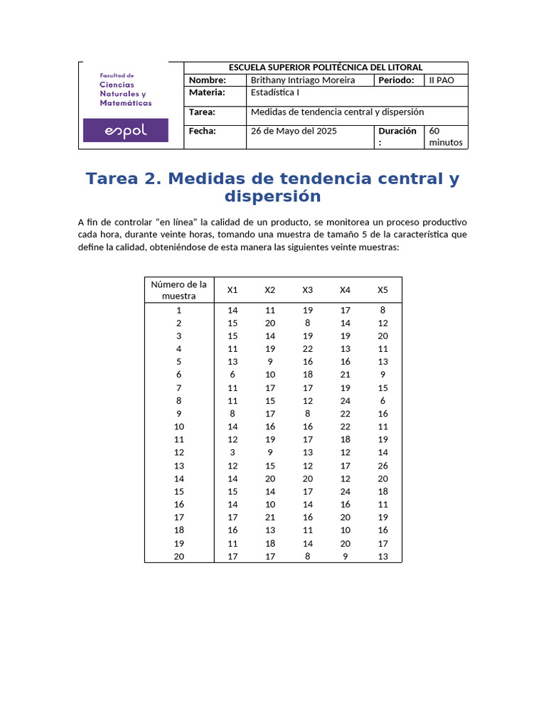 Tarea2 Intriago | PDF | Media | Desviación Estándar