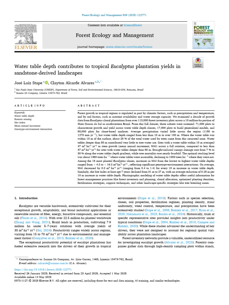 Stape & Alvares 2025 - Water Table Depth Eucalyptus Yields FEM | PDF ...