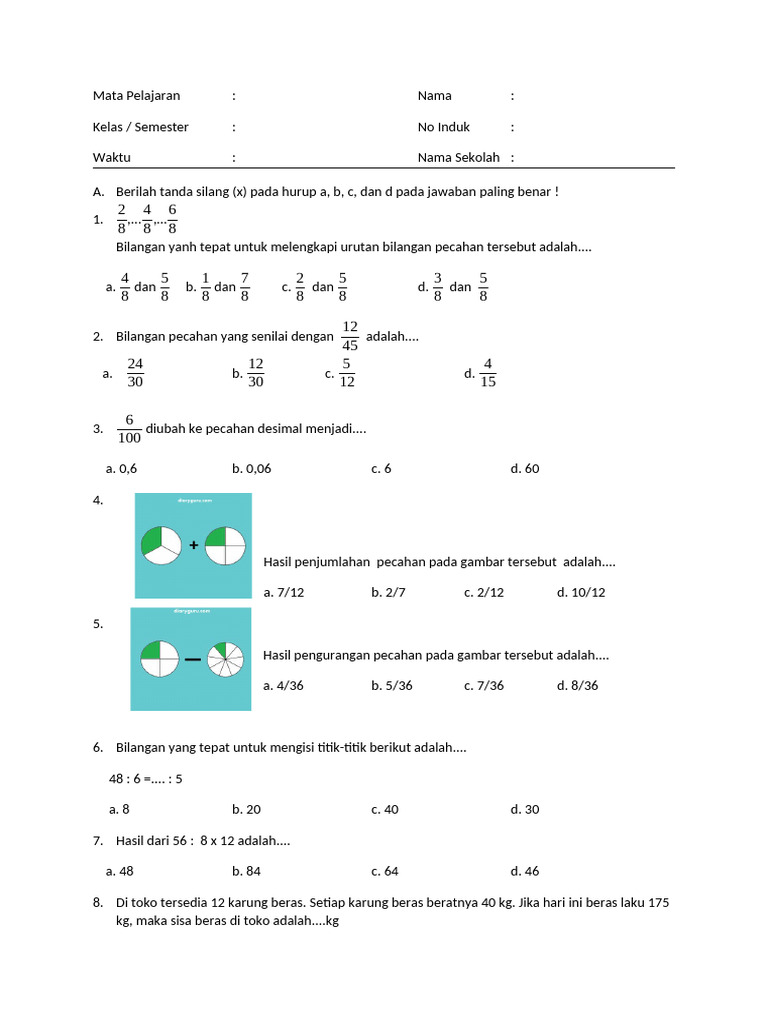 Soal Pat MTK Kls 4 2025 | PDF