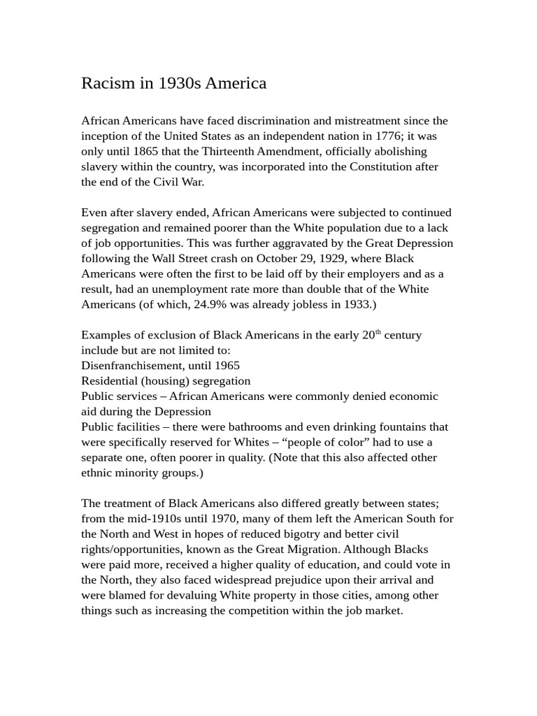 Racism in 1930s America | PDF