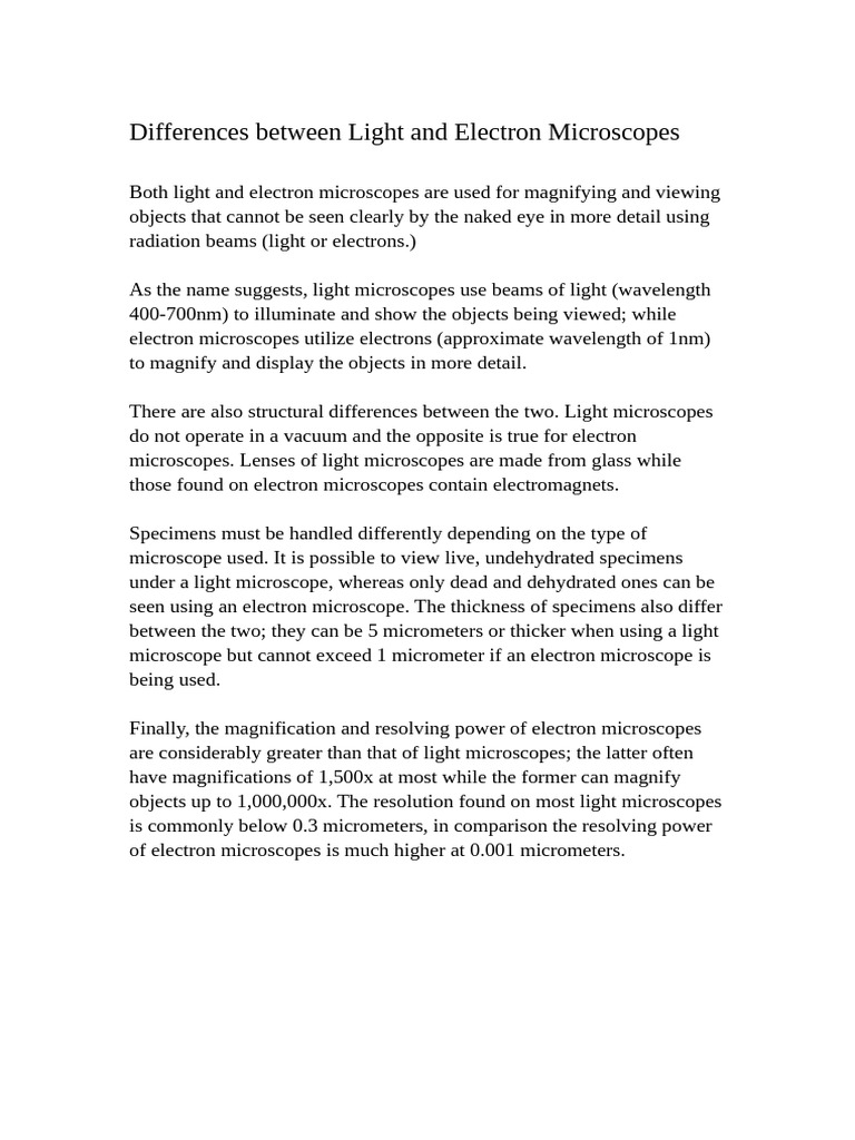 Differences Between Light and Electron Microscopes | PDF