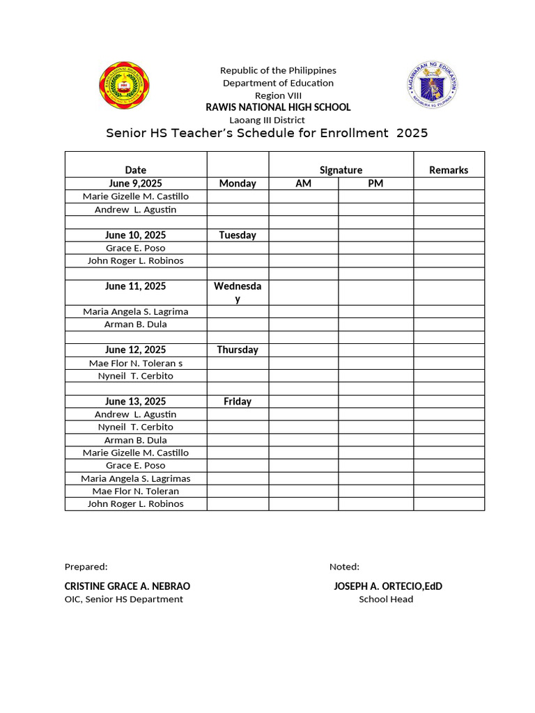 Shs Schedule For Enrolment 2025 | PDF