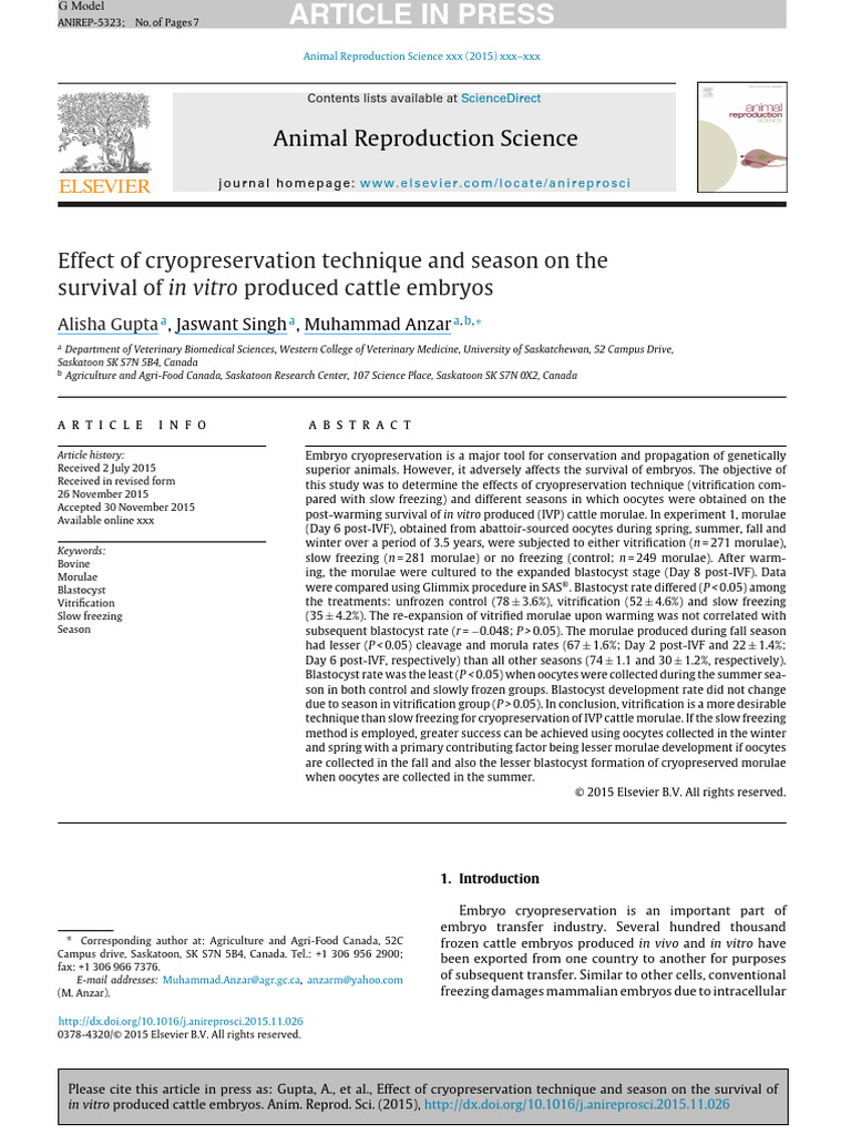 Cattle Embryo Cryopreservation - Season - Alisha Et Al. | PDF | In ...