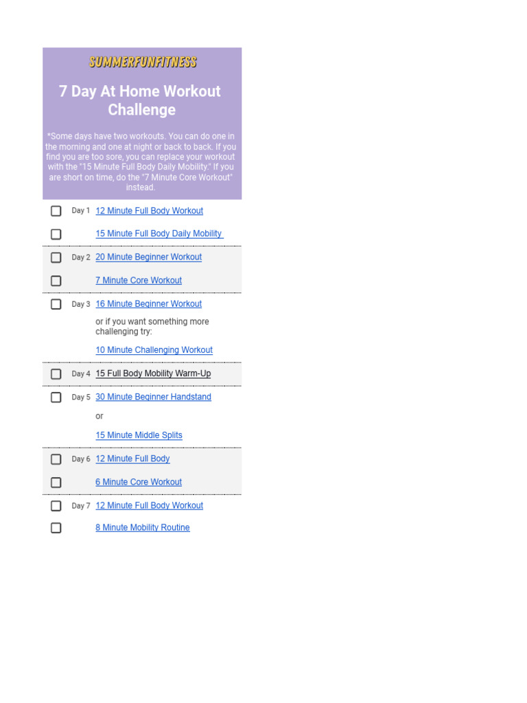 7 Day at Home Workout Challenge With Summerfunfitness | PDF
