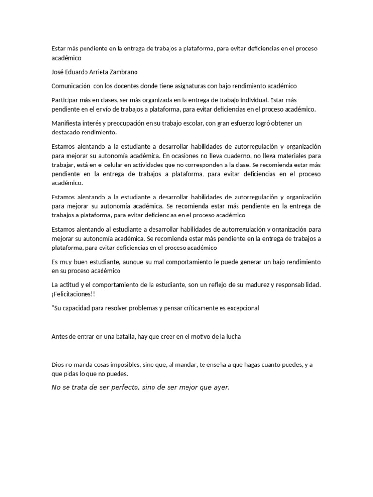 Estar Más Pendiente en La Entrega de Trabajos A Plataforma | PDF