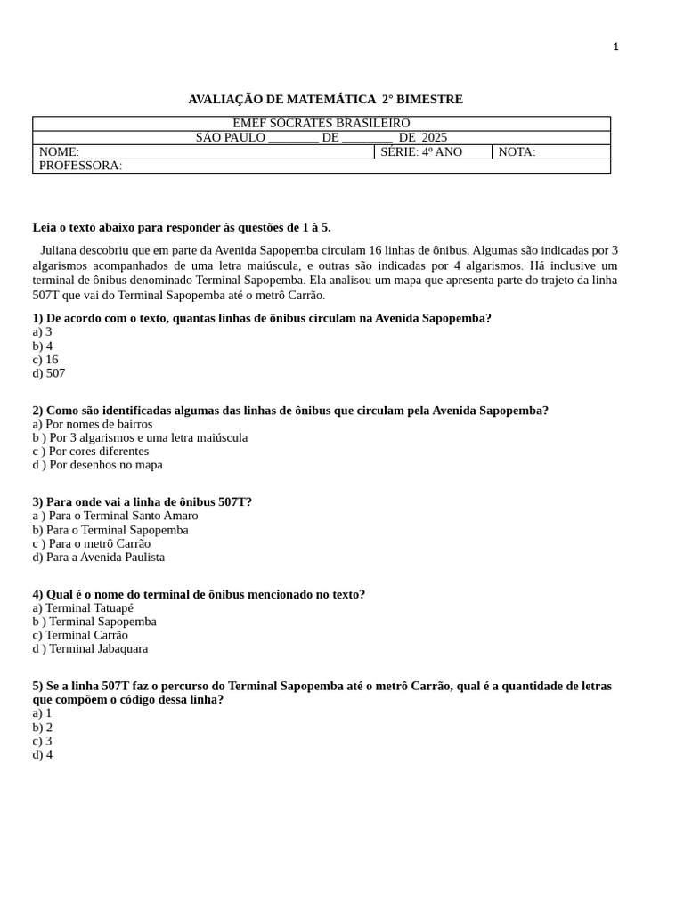 Avaliação De Matemática 2º Bimestre Pdf