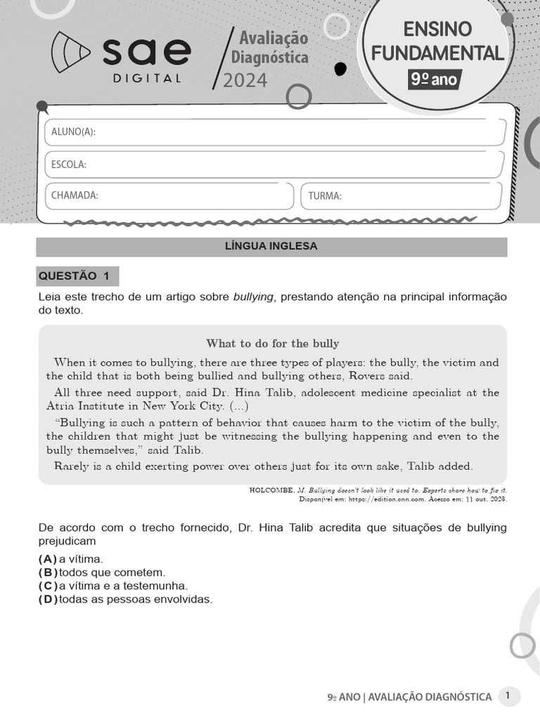 9th Grade English Diagnostic Assessment | PDF | Human Development ...