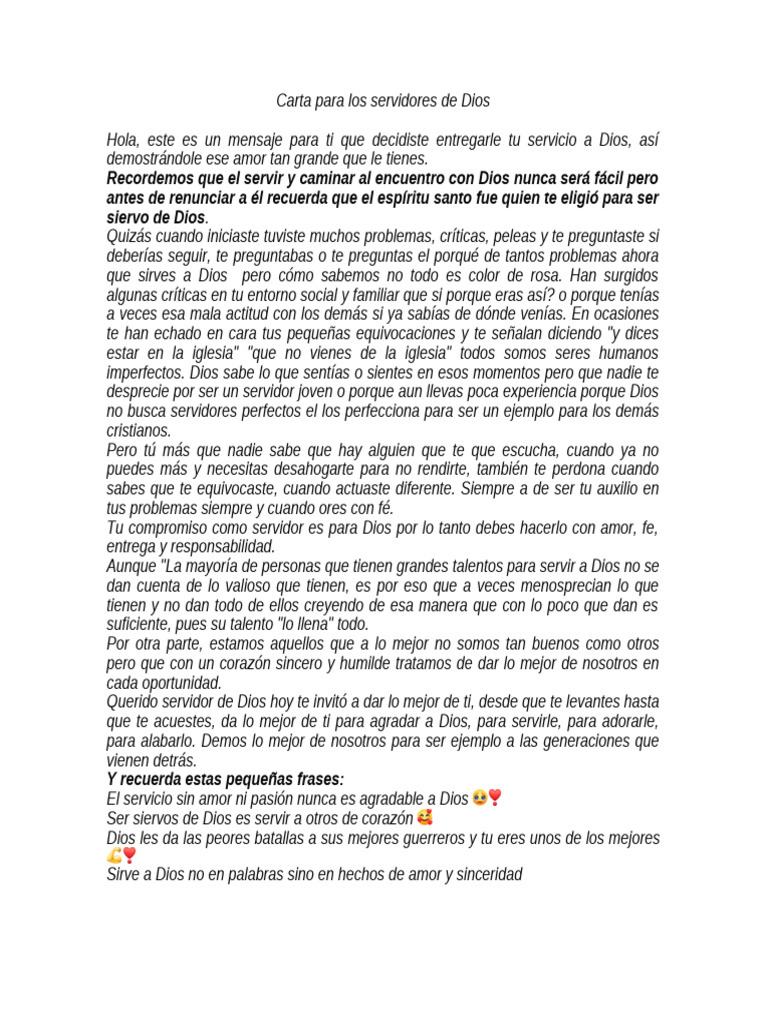 Carta para Los Servidores de Dios | PDF | Dios | Amor